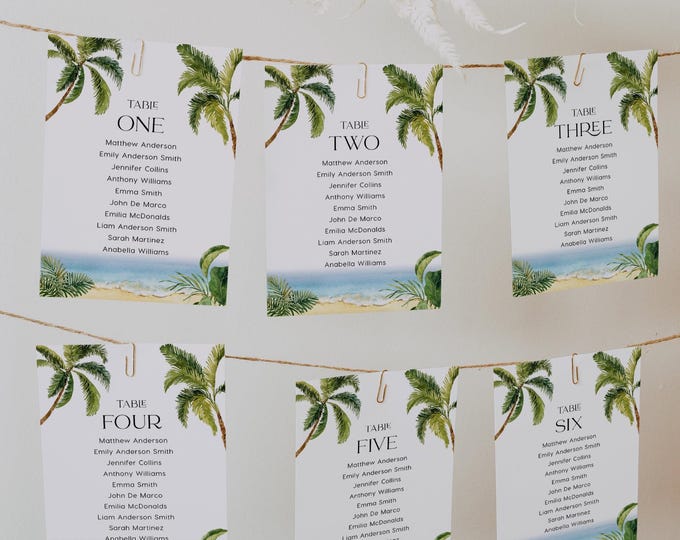 CORA Tropical Wedding Seating Chart Card Template, Palm Leaf Wedding ...