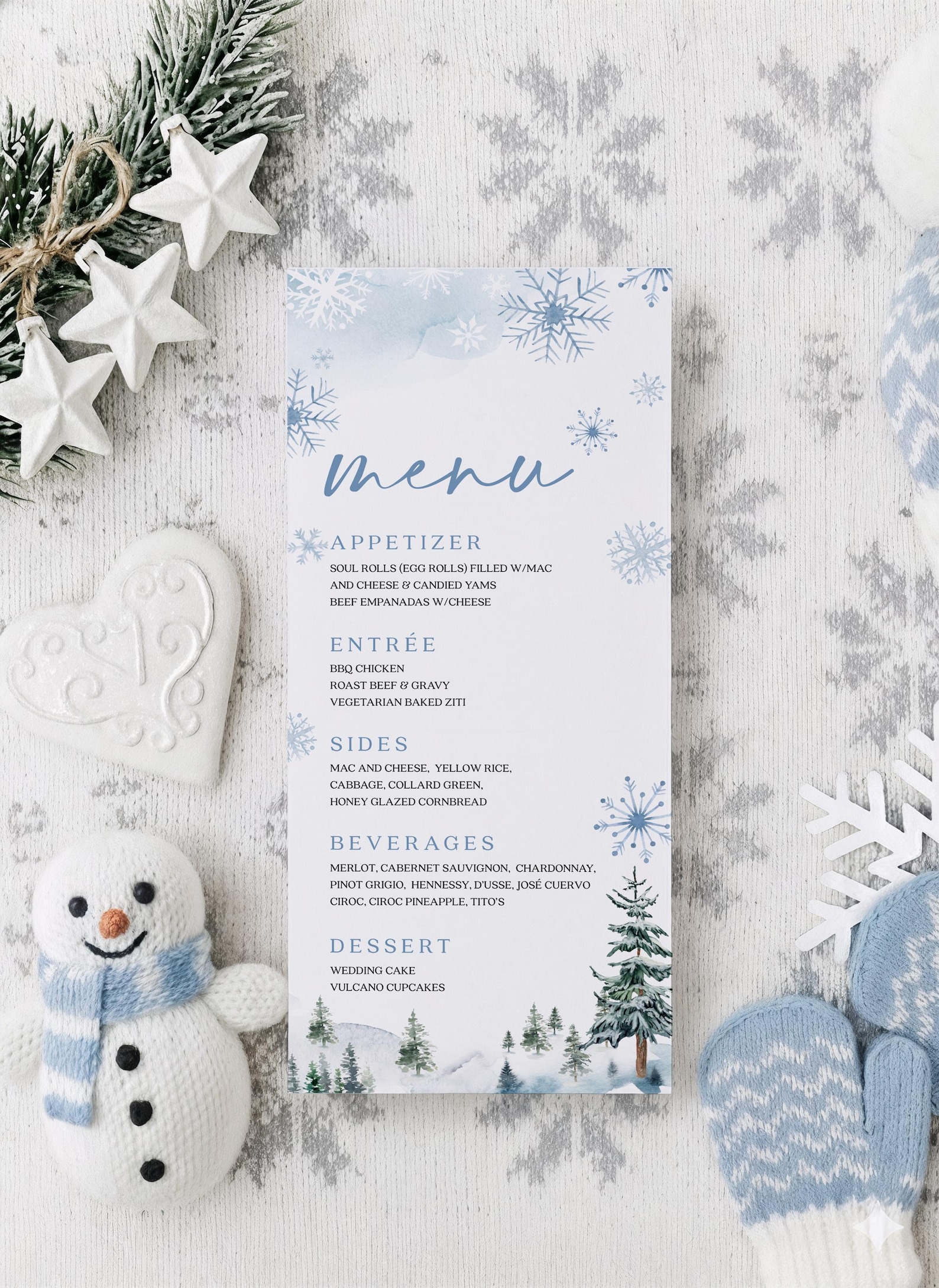 Editable Winter Wedding Menu Template: Elegant Pine & Snowflake Design ...