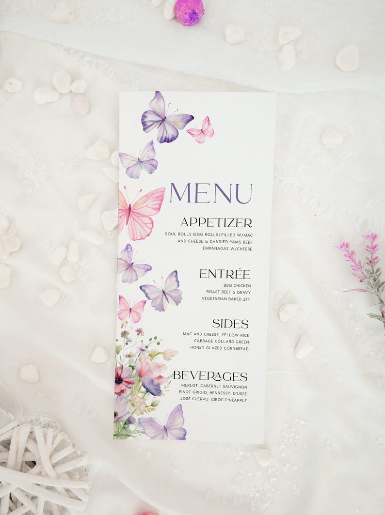 Butterfly Menu Template: Watercolor Floral, Baby Shower Menu Card # ...
