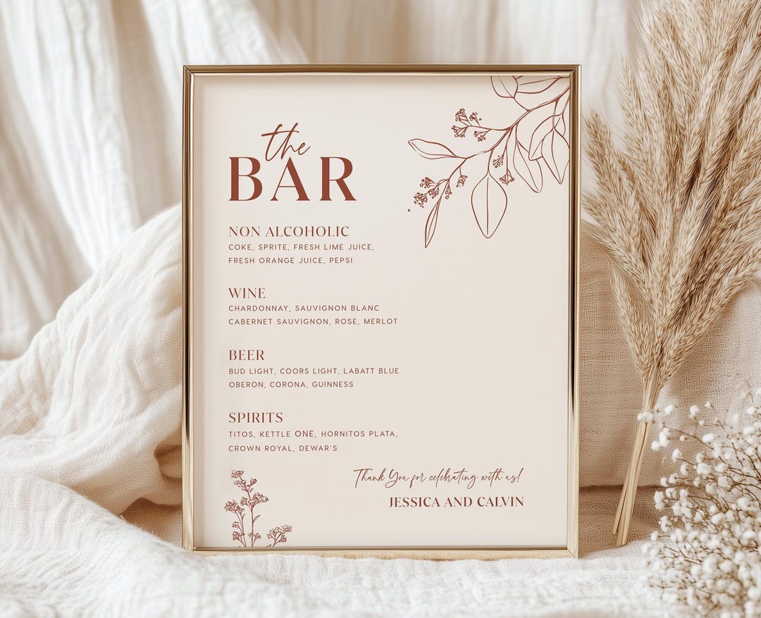 Editable Bar Sign Template | Printable Floral Bar Menu Sign | Drinks ...