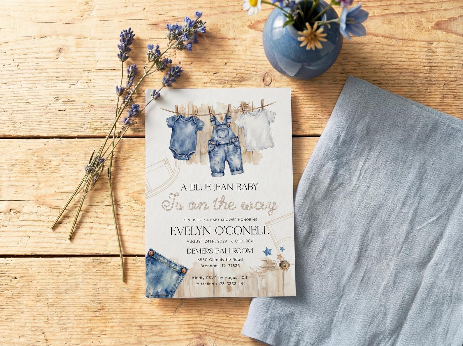 Blue Jean Baby Shower Invitation Bundle: Editable Invite, Diaper Raffle ...