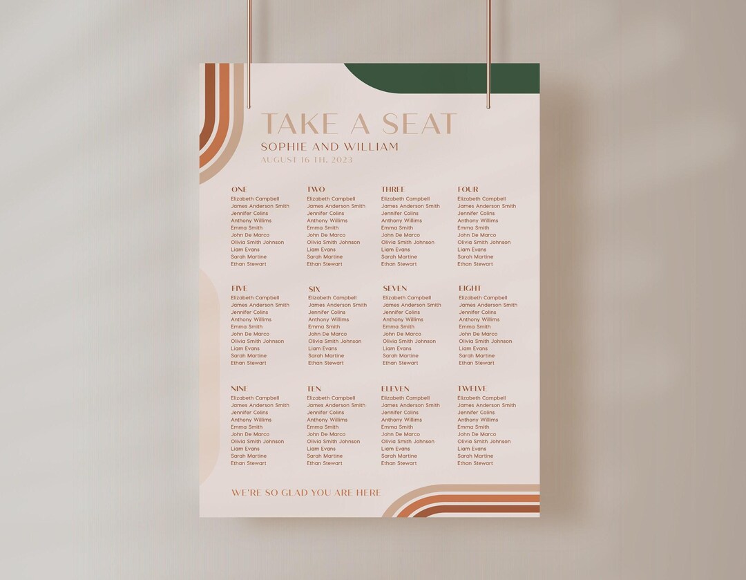 Editable Boho Wedding Seating Chart Template: Modern Terracotta Arched ...