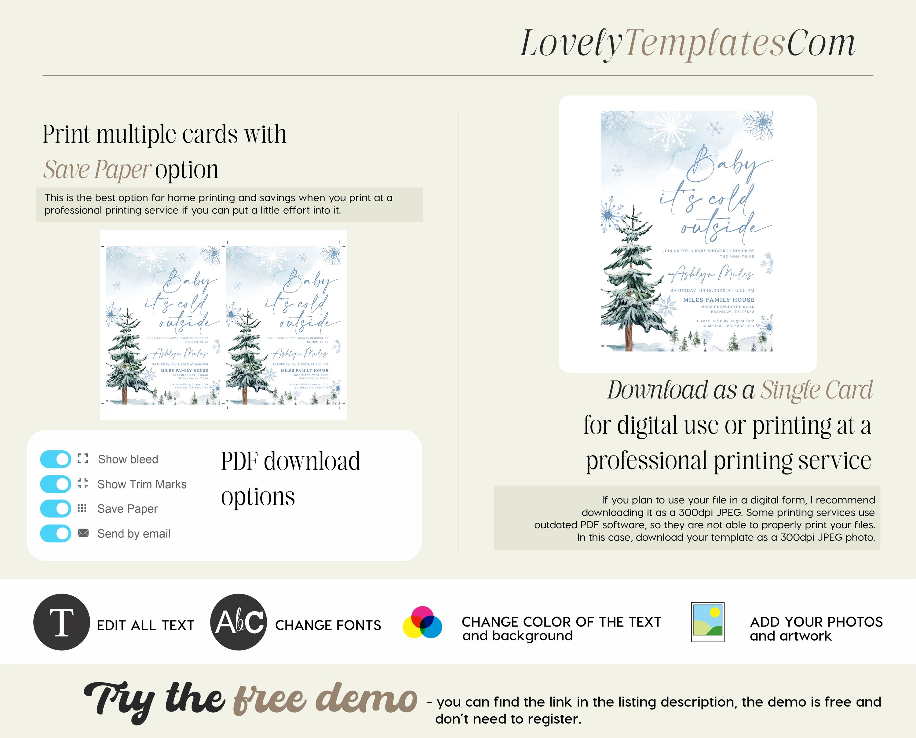 Winter Thank You Card Template: Snowflake Pine Design #blueww - Etsy