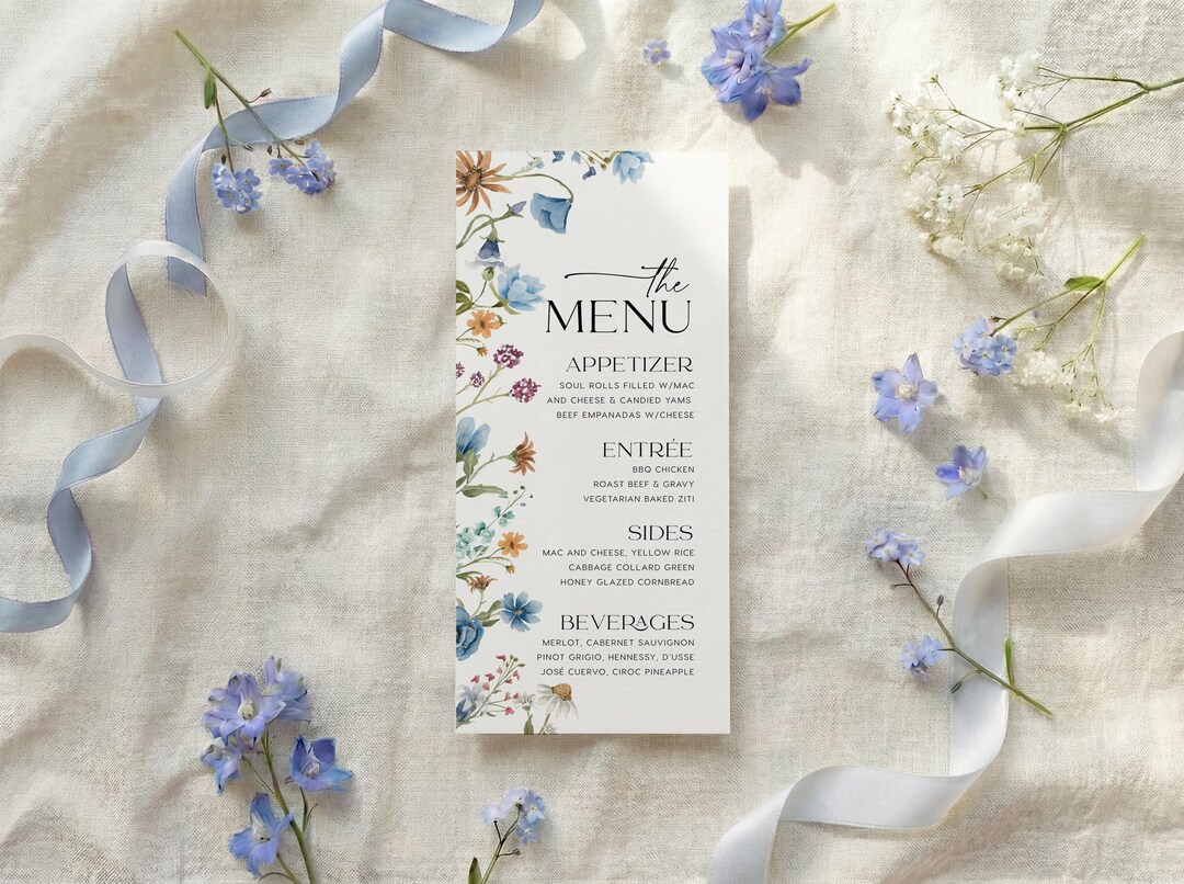 Editable Flroal Menu Card Template, Blue Wildflower Baby Shower Menu # ...