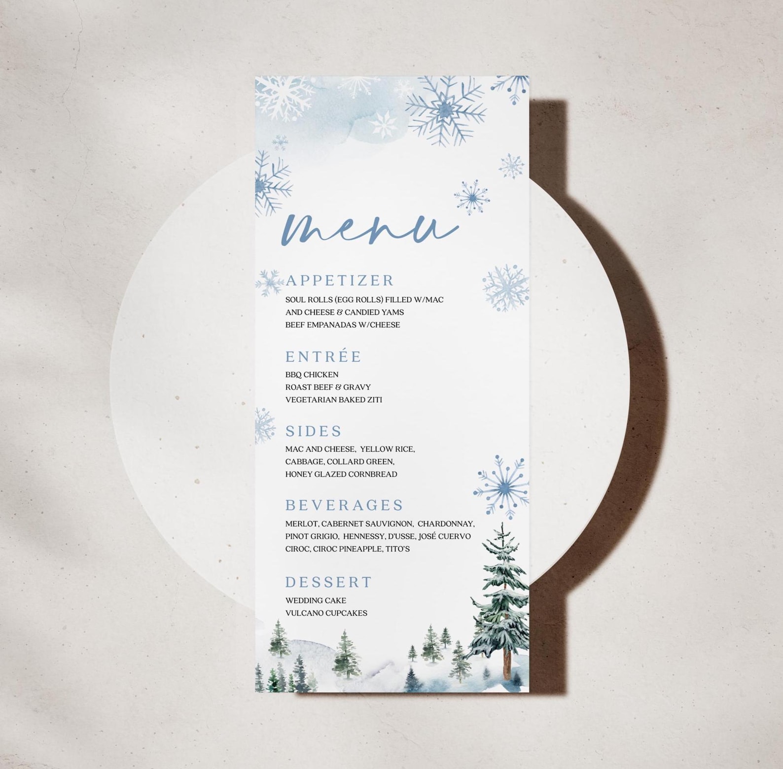 Editable Winter Wedding Menu Template: Elegant Pine & Snowflake Design ...