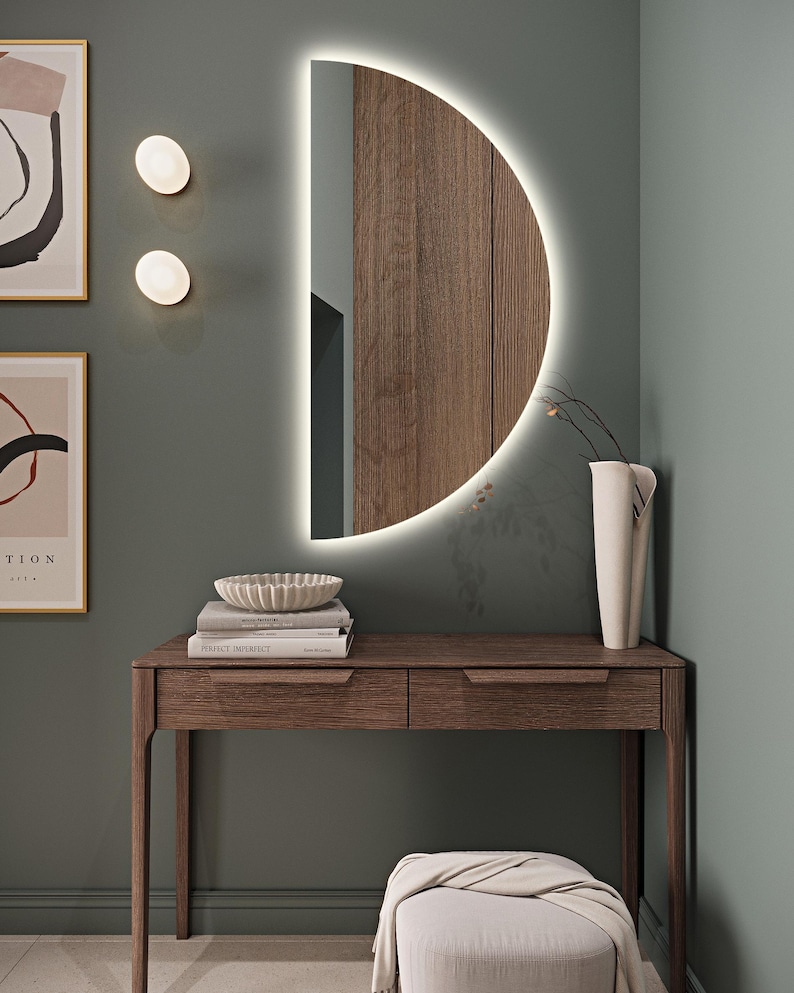 Half Moon Led Illuminated Wall Mirror, Bathroom Half Round Decor Led ...
