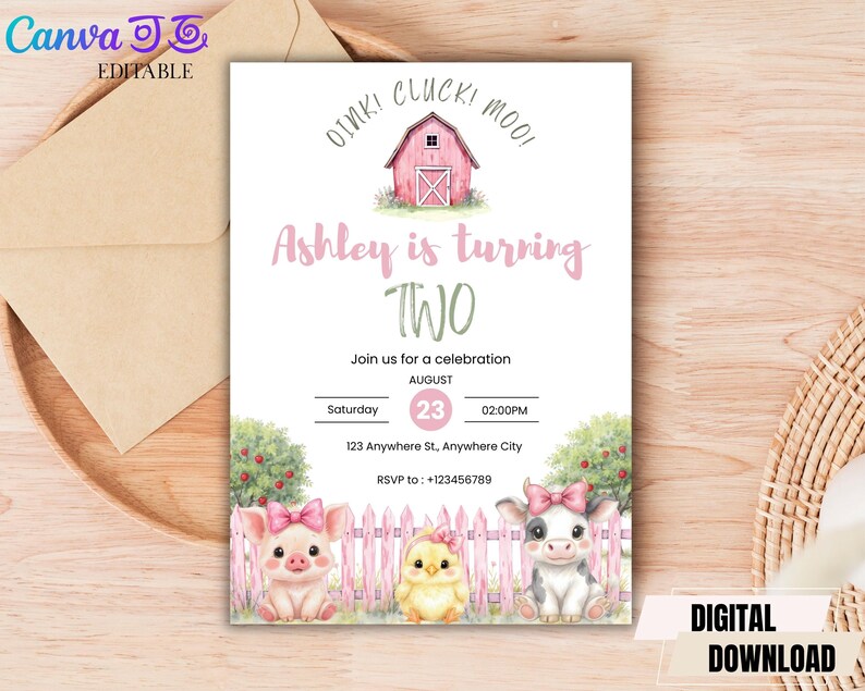 Editable Oink Cluck Moo Girl Birthday Invitation - Farm Canva Template ...