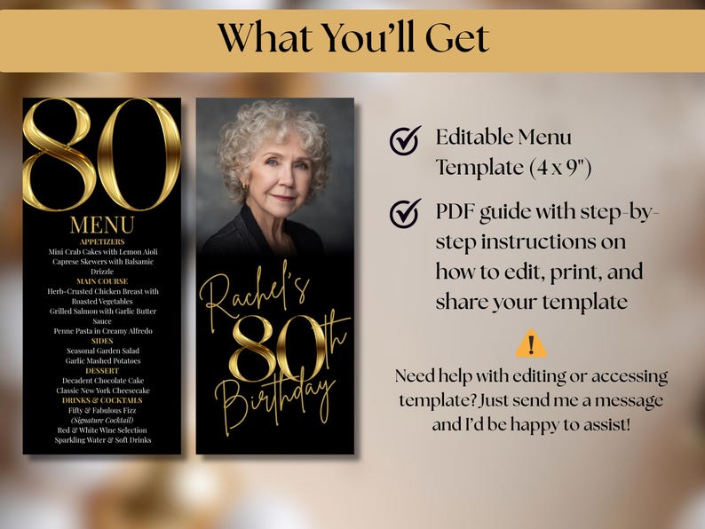 Black and Gold 80th Birthday Dinner Menu - Elegant Birthday Party Menu ...