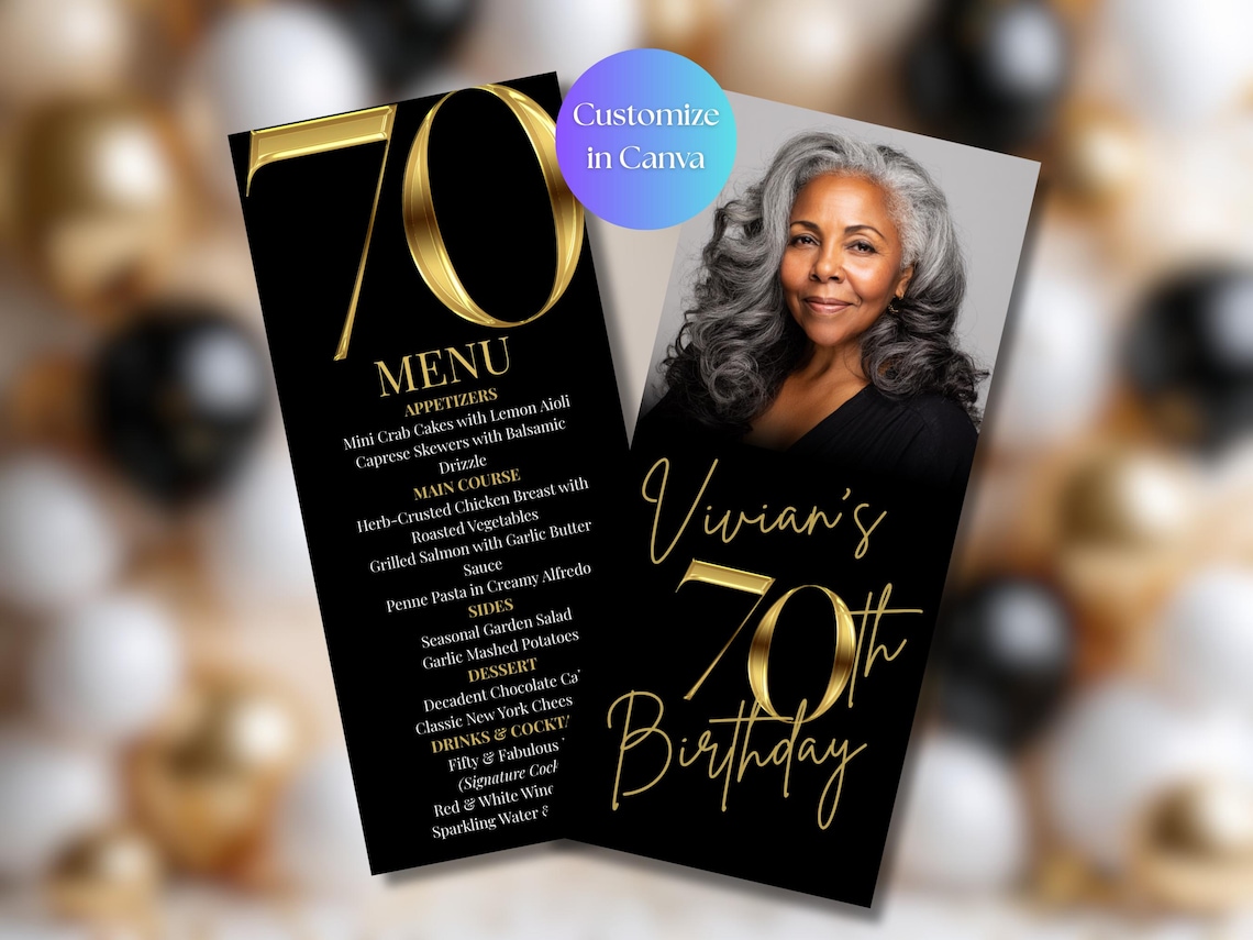 Black and Gold 70th Birthday Dinner Menu - Elegant Birthday Party Menu ...