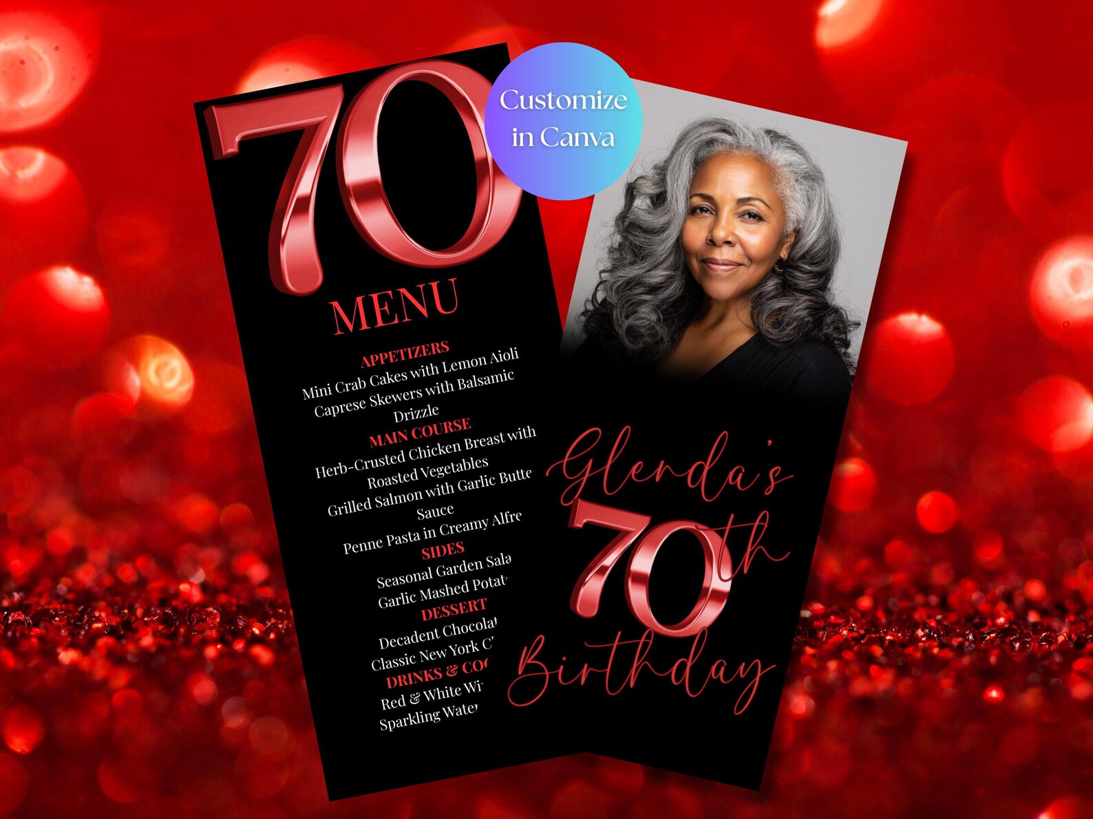 Elegant 70th Birthday Dinner Menu – Black and Red Canva Template - Etsy