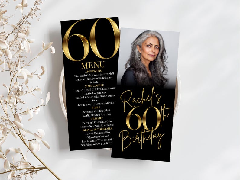 Black and Gold 60th Birthday Dinner Menu - Elegant Birthday Party Menu ...