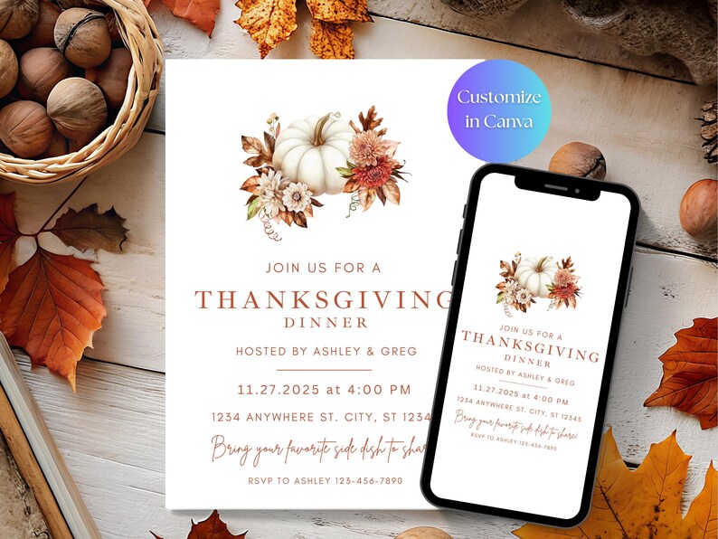 Thanksgiving Dinner Invitation - Fall Pumpkin Invite, Autumn ...