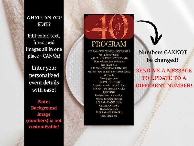 Black and Gold 40th Birthday Event Program - Elegant Event Itinerary ...
