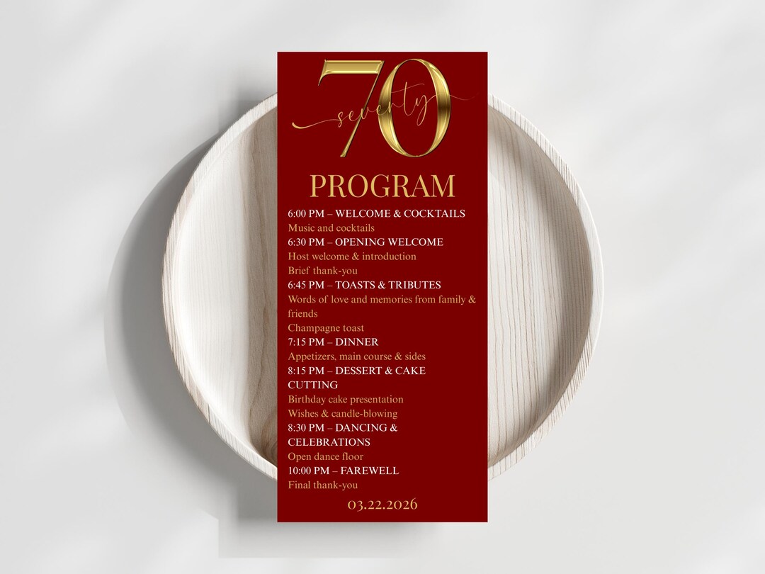 Red and Gold 70th Birthday Event Program - Elegant Event Itinerary ...