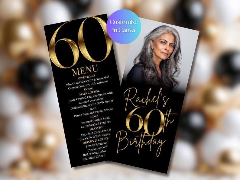Black and Gold 60th Birthday Dinner Menu - Elegant Birthday Party Menu ...