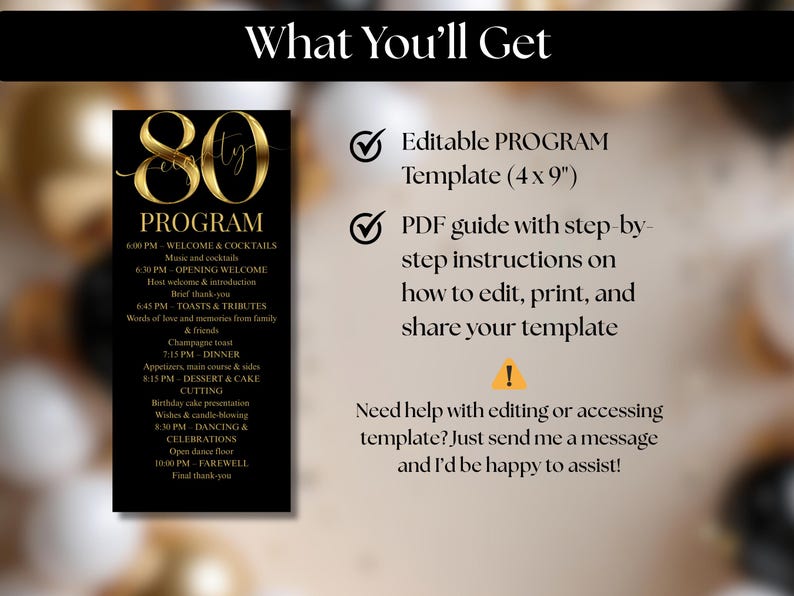 Black and Gold 80th Birthday Event Program - Elegant Event Itinerary ...