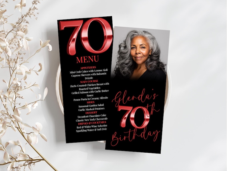 Elegant 70th Birthday Dinner Menu – Black and Red Canva Template - Etsy