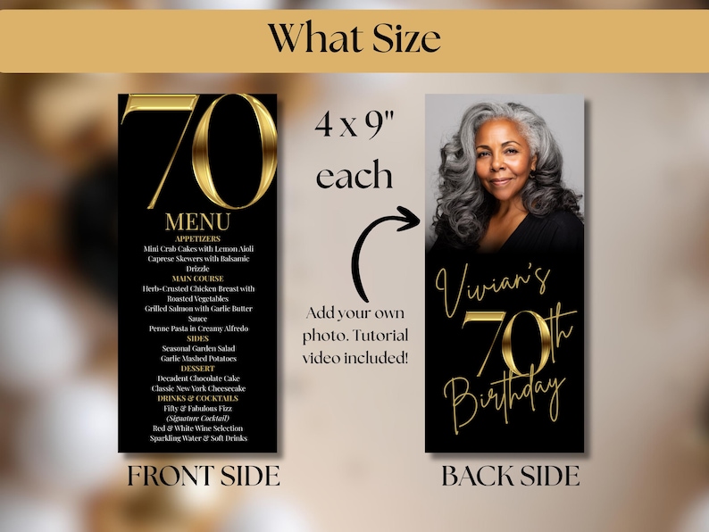 Black and Gold 70th Birthday Dinner Menu - Elegant Birthday Party Menu ...