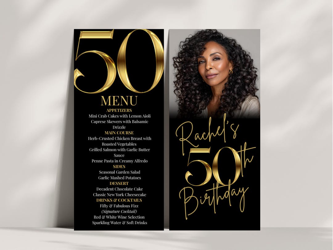Black and Gold 50th Birthday Dinner Menu - Elegant Birthday Party Menu ...