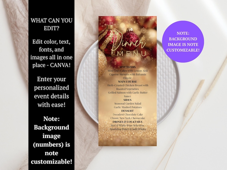 Elegant Christmas Dinner Menu - Red & Gold, Printable Xmas Party Decor ...