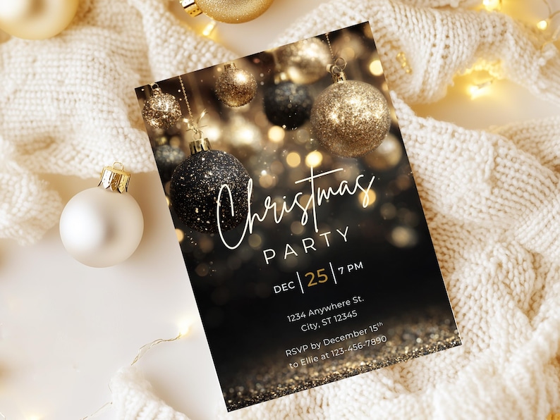 Elegant Christmas Party Invitation - Gold & Black Holiday Invite ...
