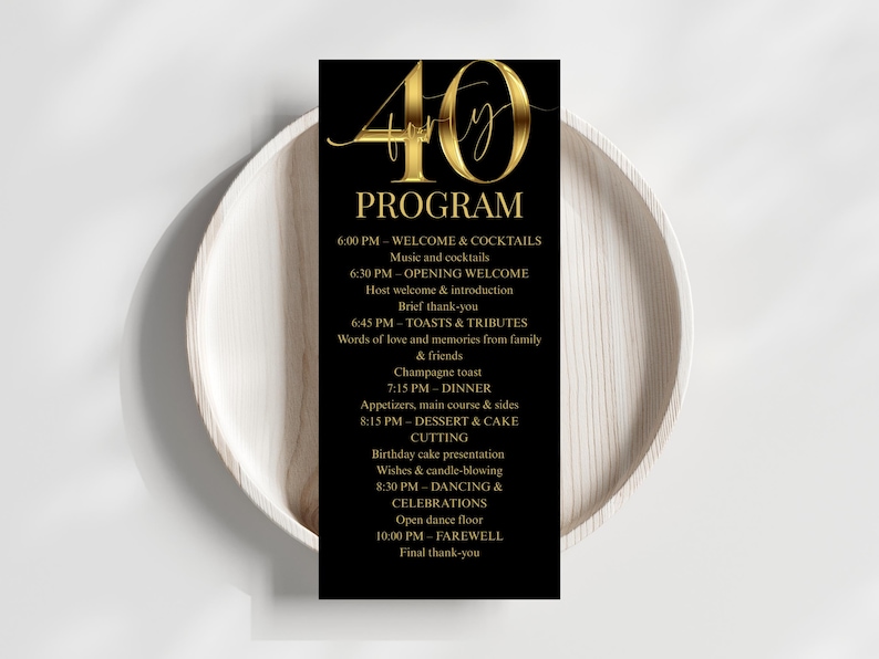 Black and Gold 40th Birthday Event Program - Elegant Event Itinerary ...
