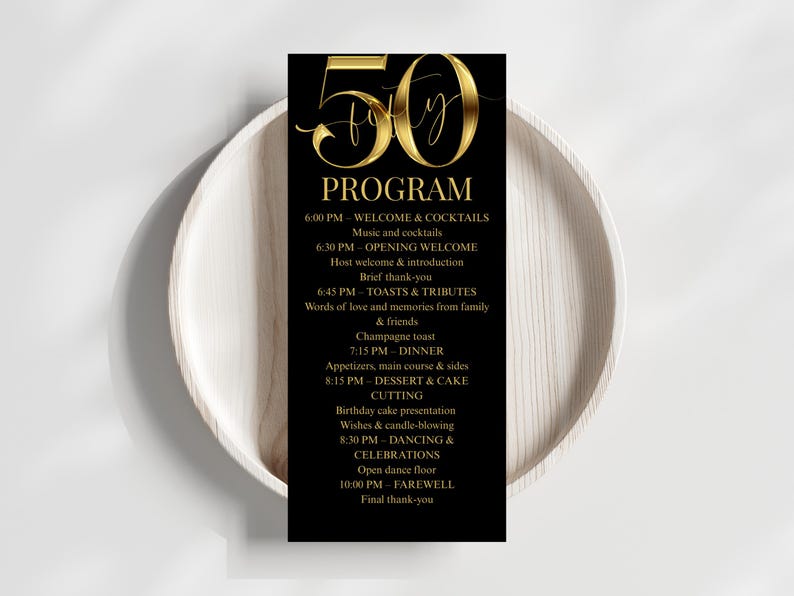 Black and Gold 50th Birthday Event Program - Elegant Event Itinerary ...