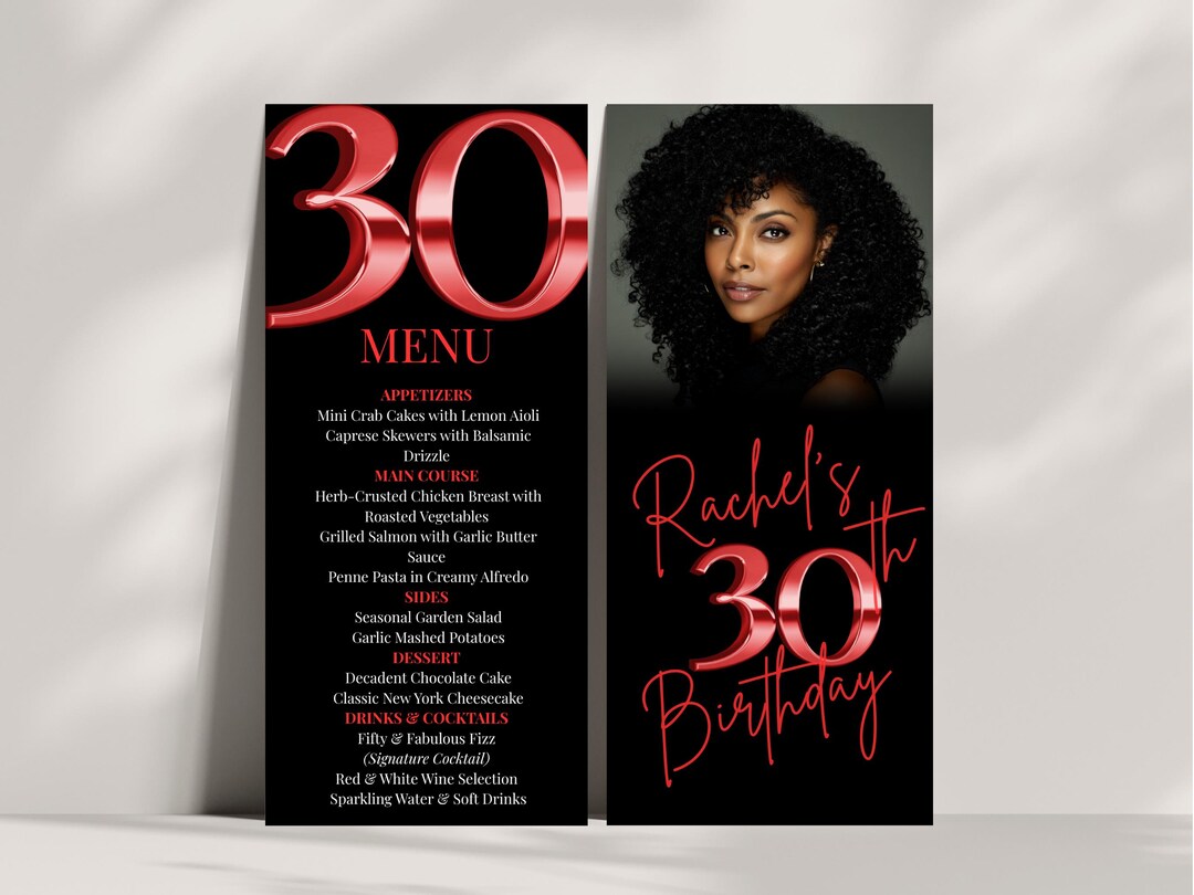Black and Red 30th Birthday Dinner Menu - Elegant Birthday Party Menu ...