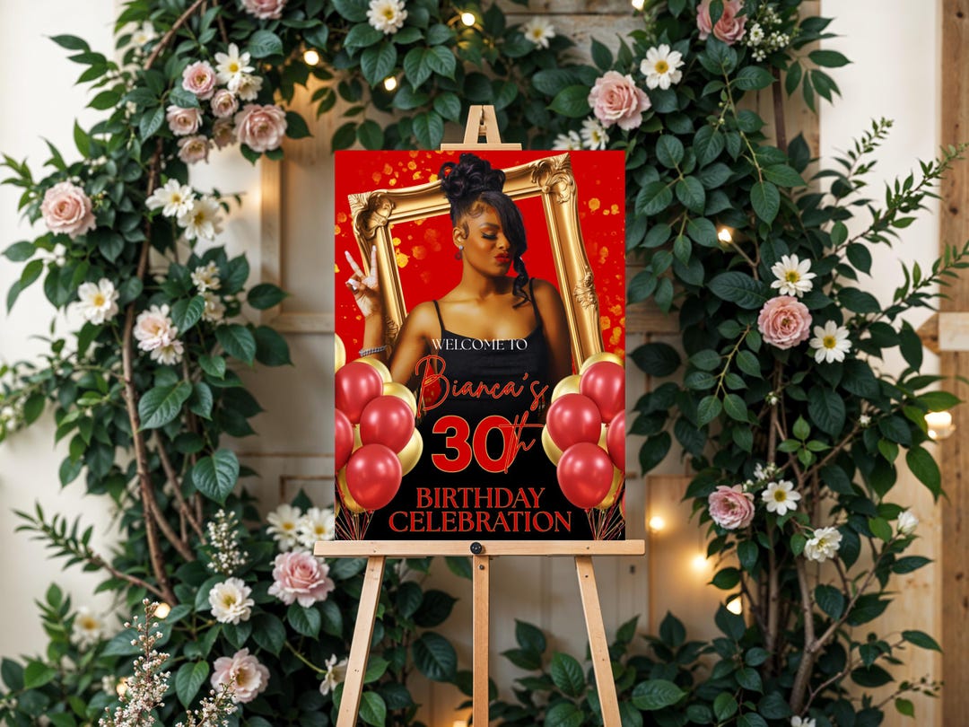 Red and Gold 30th Birthday Welcome Sign - Glam Photo Birthday Sign ...