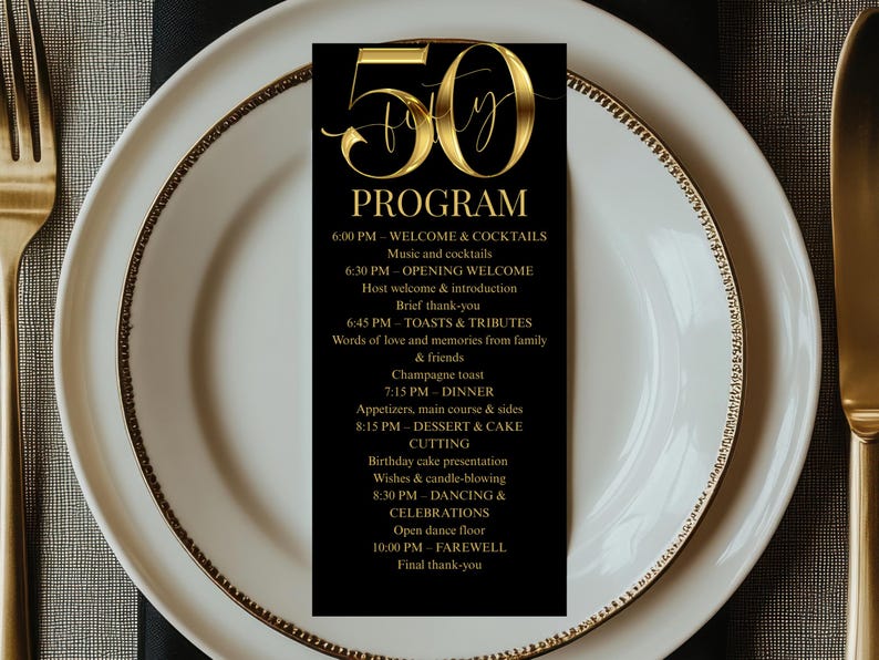 Black and Gold 50th Birthday Event Program - Elegant Event Itinerary ...