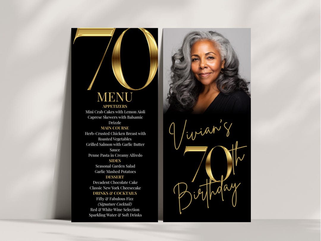 Black and Gold 70th Birthday Dinner Menu - Elegant Birthday Party Menu ...