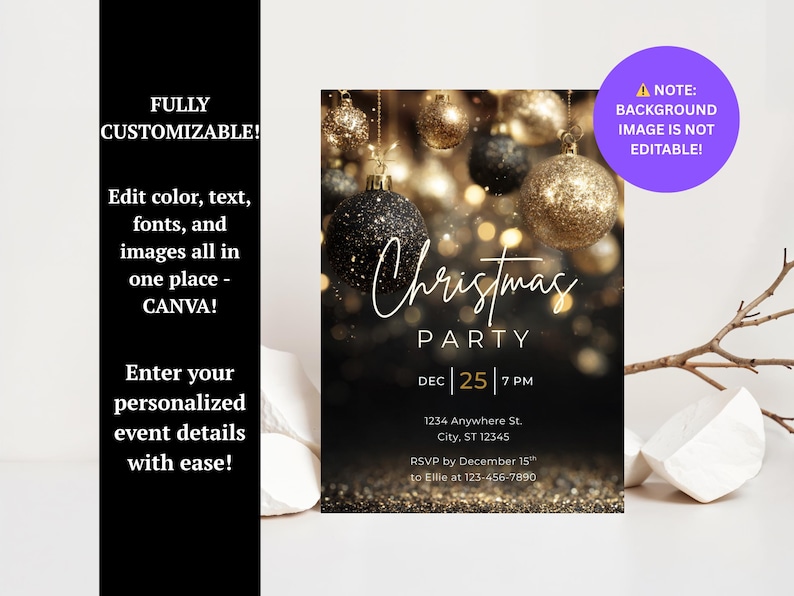 Elegant Christmas Party Invitation - Gold & Black Holiday Invite ...