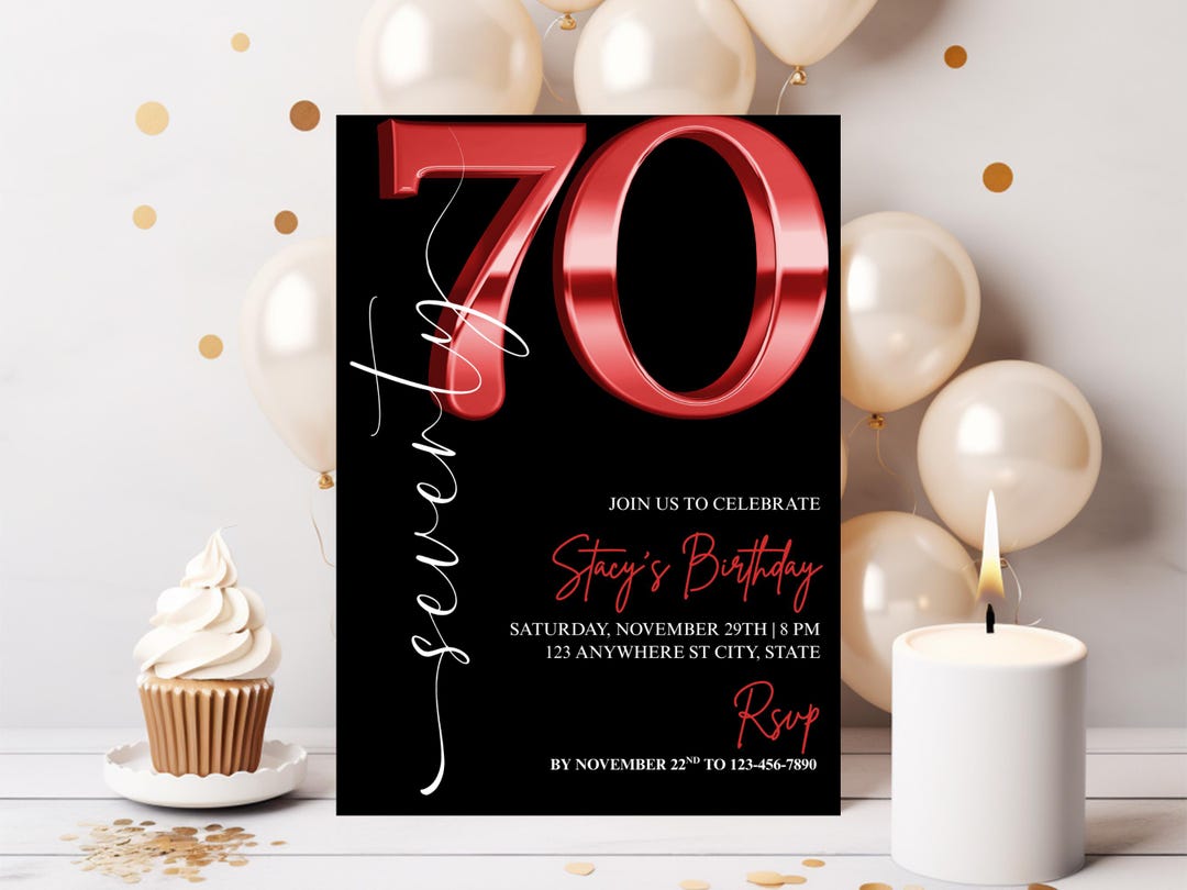 Elegant 70th Birthday Invitation - Black and Red Party Invite, Editable ...