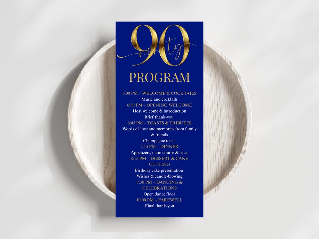Blue and Gold 90th Birthday Event Program - Elegant Event Itinerary ...