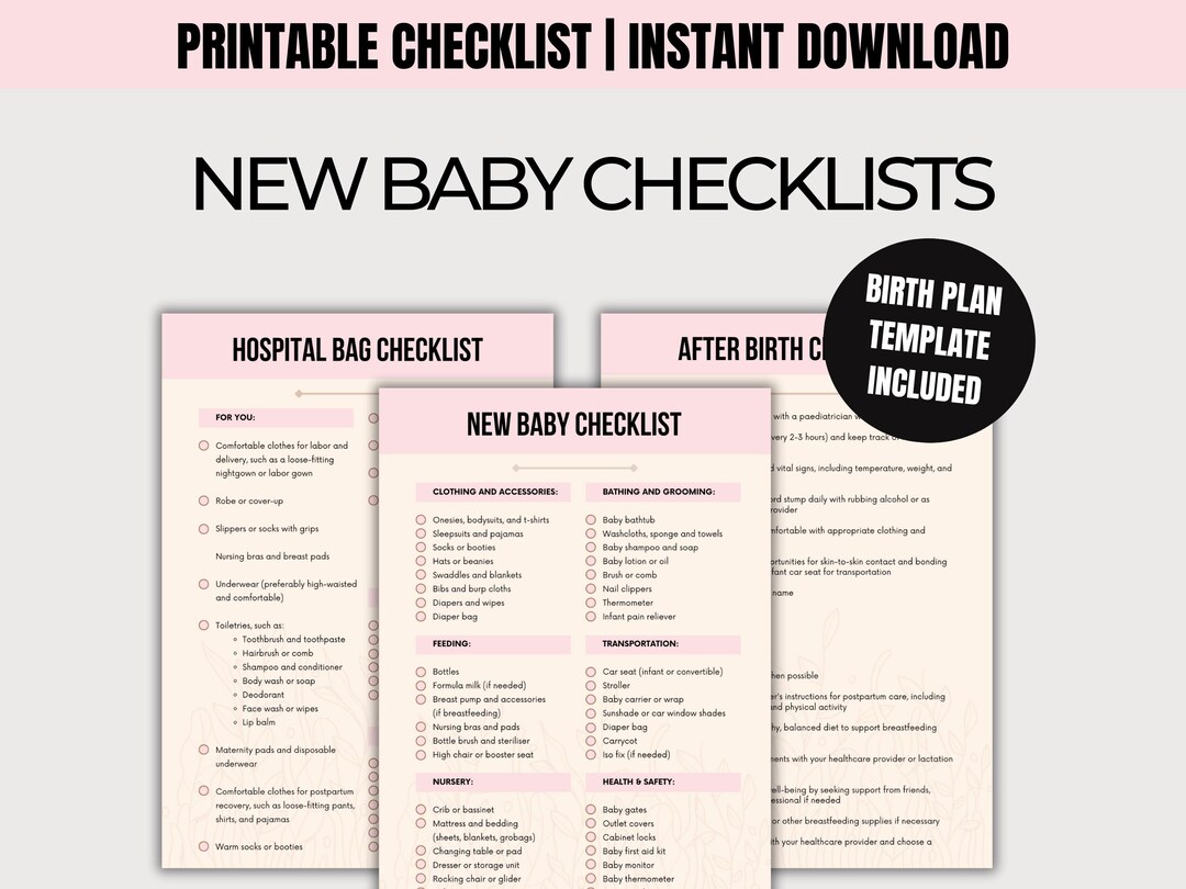 Printable New Baby Checklist – Pregnancy, Newborn, Hospital Bag, Birth ...
