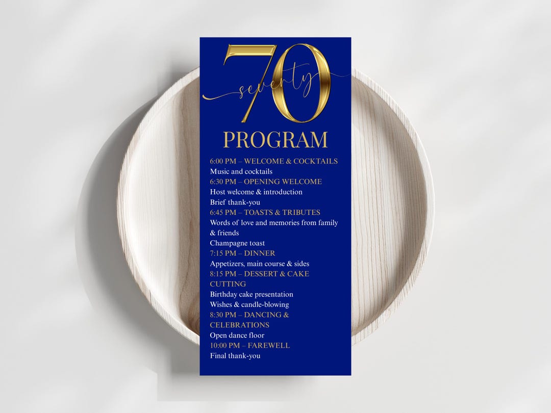 Blue and Gold 70th Birthday Event Program - Elegant Event Itinerary ...