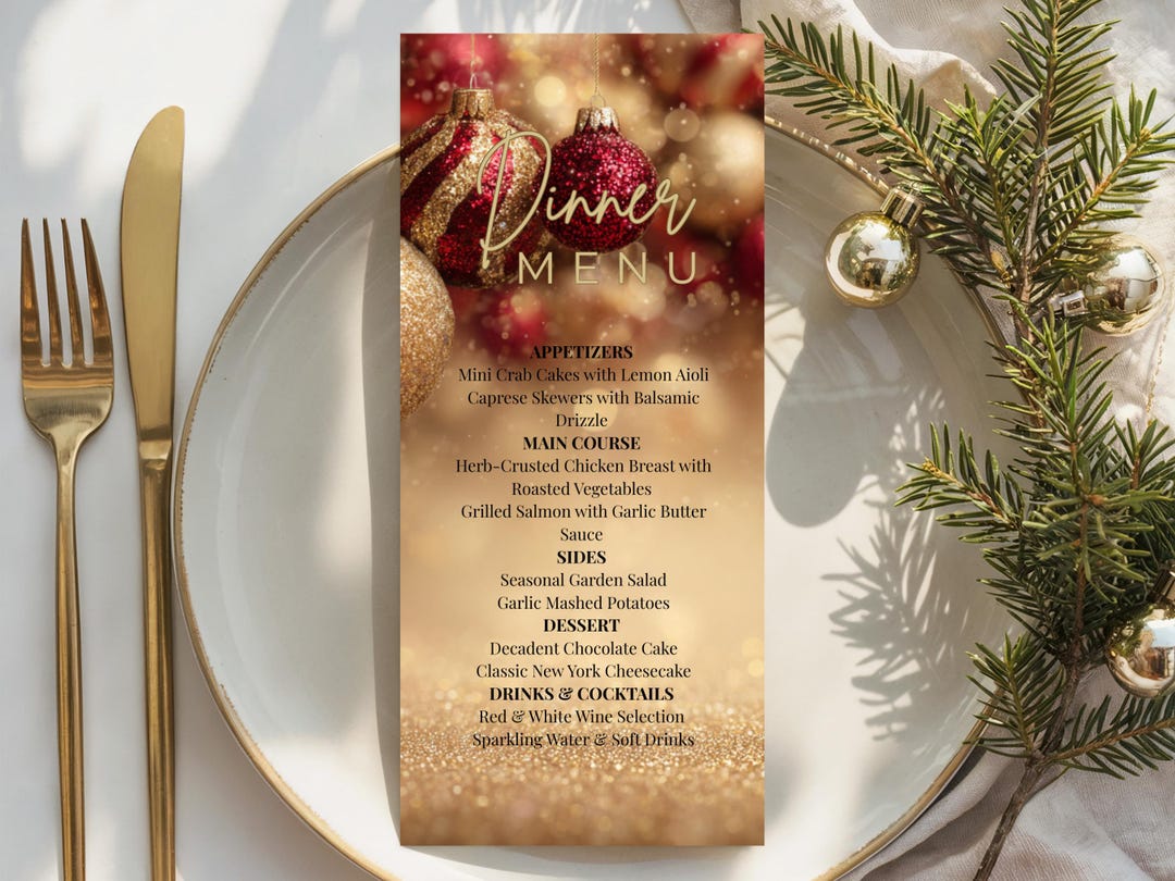 Elegant Christmas Dinner Menu - Red & Gold, Printable Xmas Party Decor ...