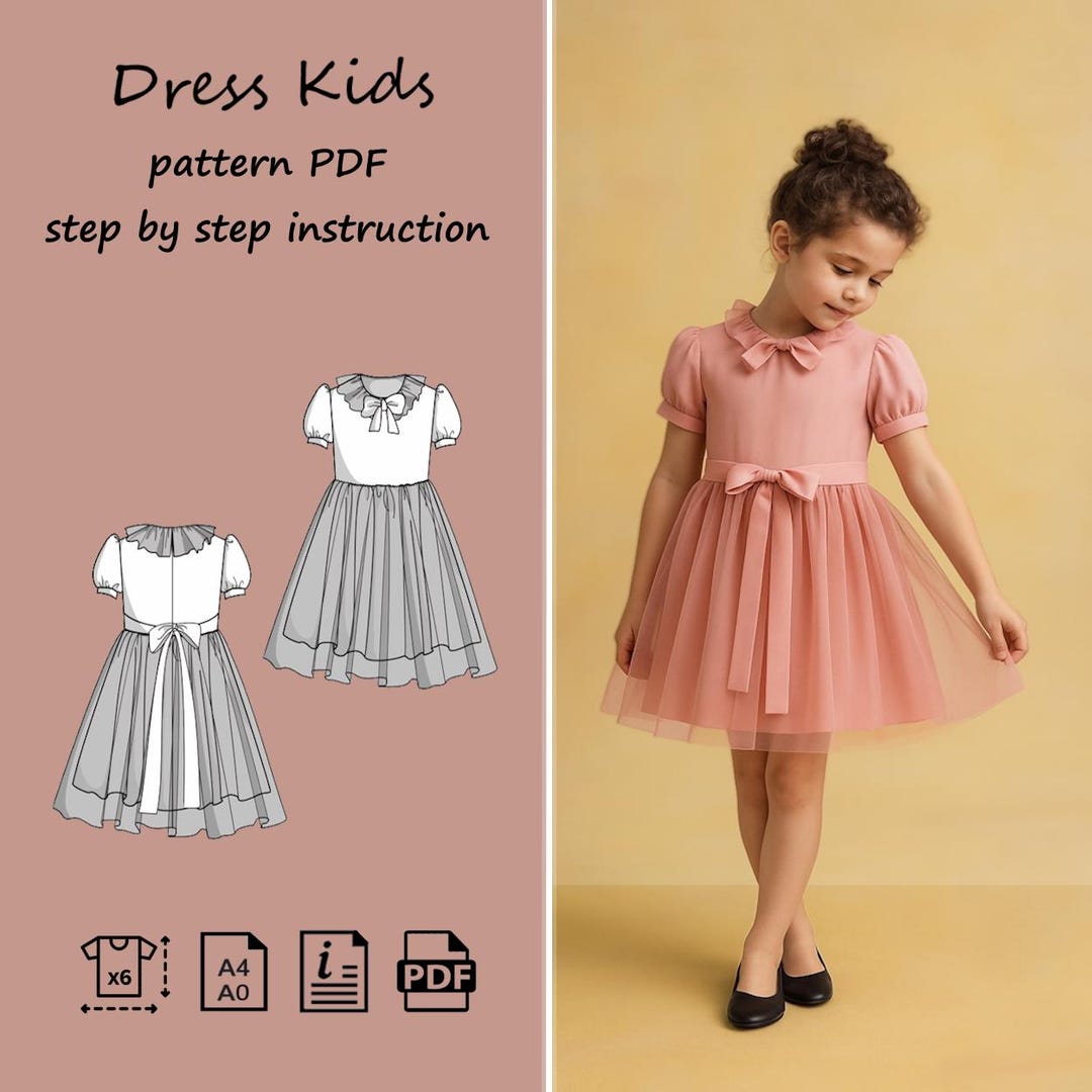 Girls Dress Sewing Pattern PDF A4 A0 | 4 Sizes | Puff Sleeve Tulle ...