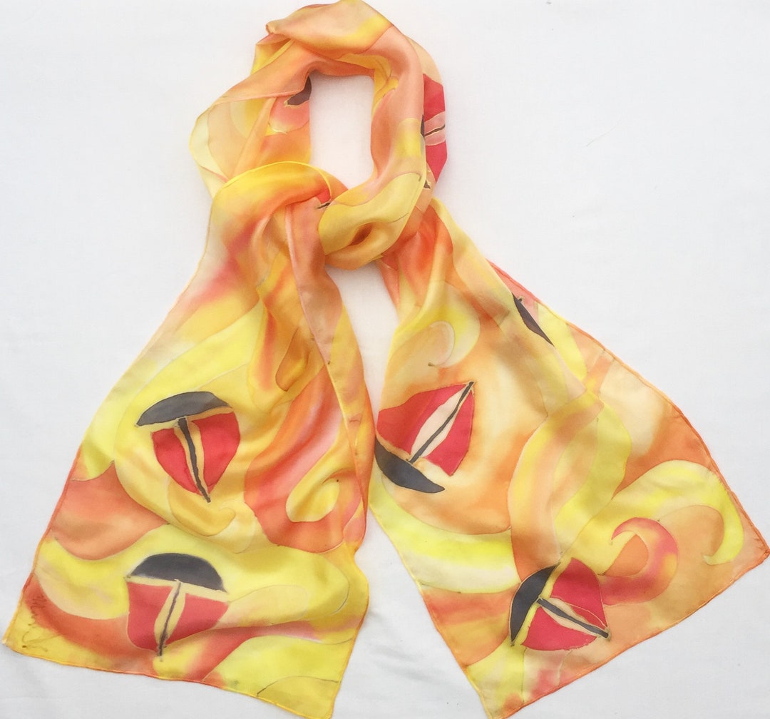 Red Boats Sailing Hand Painted Silk Scarf. Seascape Scarf. Red and ...