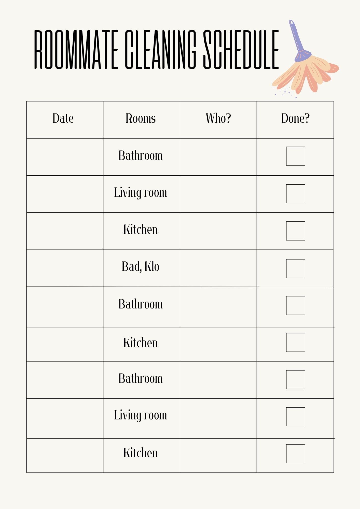 Roommate Cleaning Schedule – Printable Chore Chart PDF – A4 Shared ...
