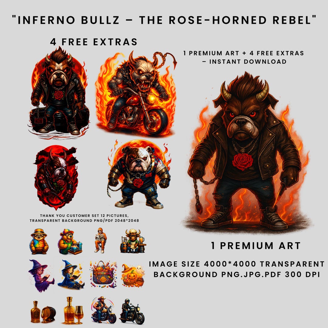Hellfire Bulldog Clipart – Demon Punk Dog With Horns, Rose Tattoo ...