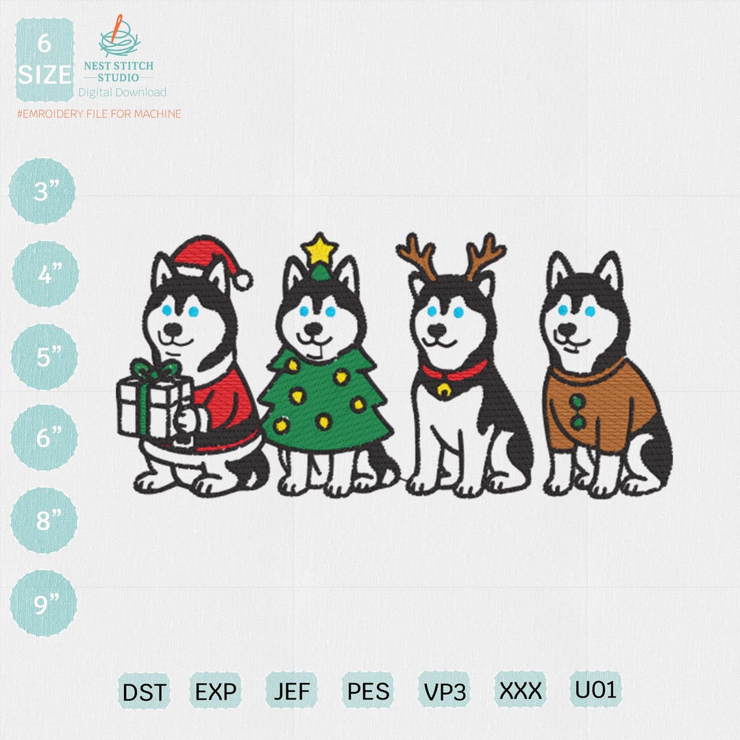 Husky Christmas Embroidery Design: Holiday Huskies Machine Embroidery ...