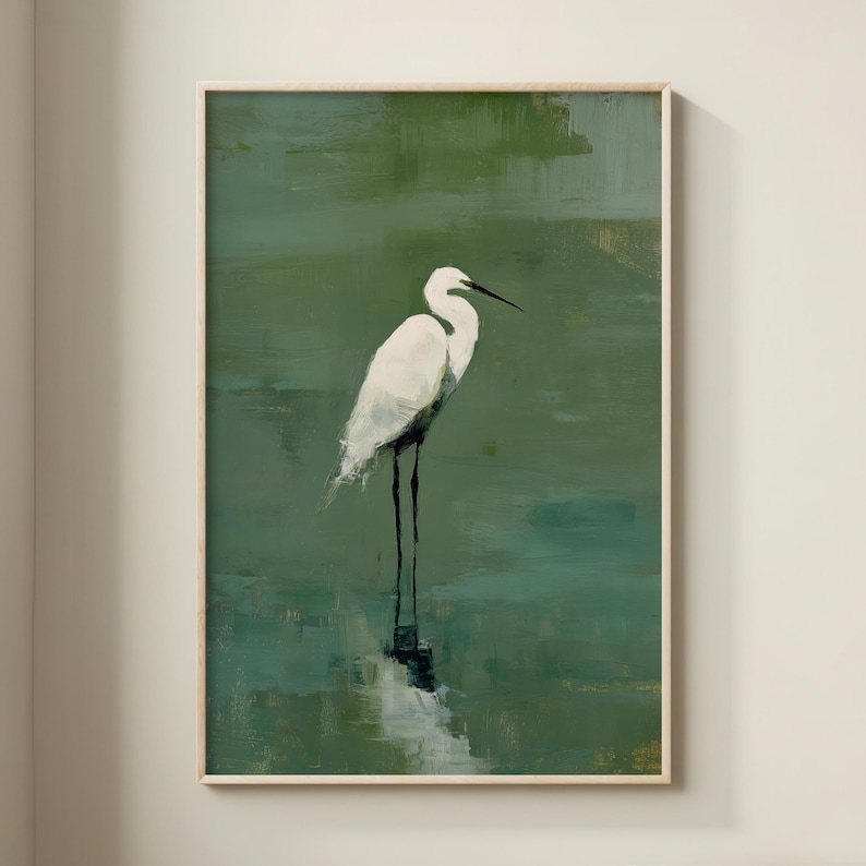 White Egret Oil Painting Print in Sage Green: Framed Coastal Art - Etsy