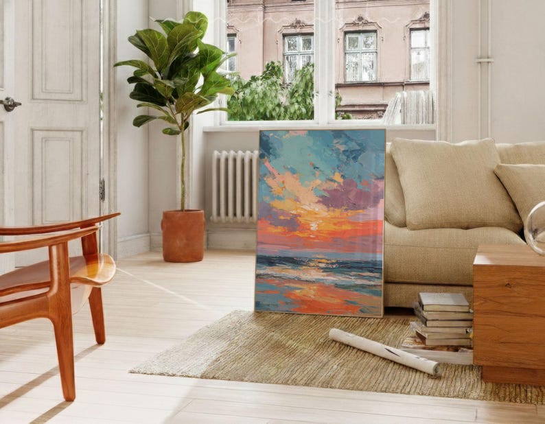 Abstract Ocean Sunset Oil Painting : Orange and Blue Framed Print - Etsy
