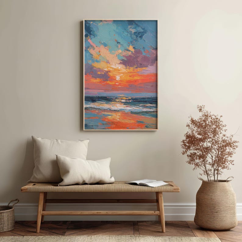 Abstract Ocean Sunset Oil Painting : Orange and Blue Framed Print - Etsy