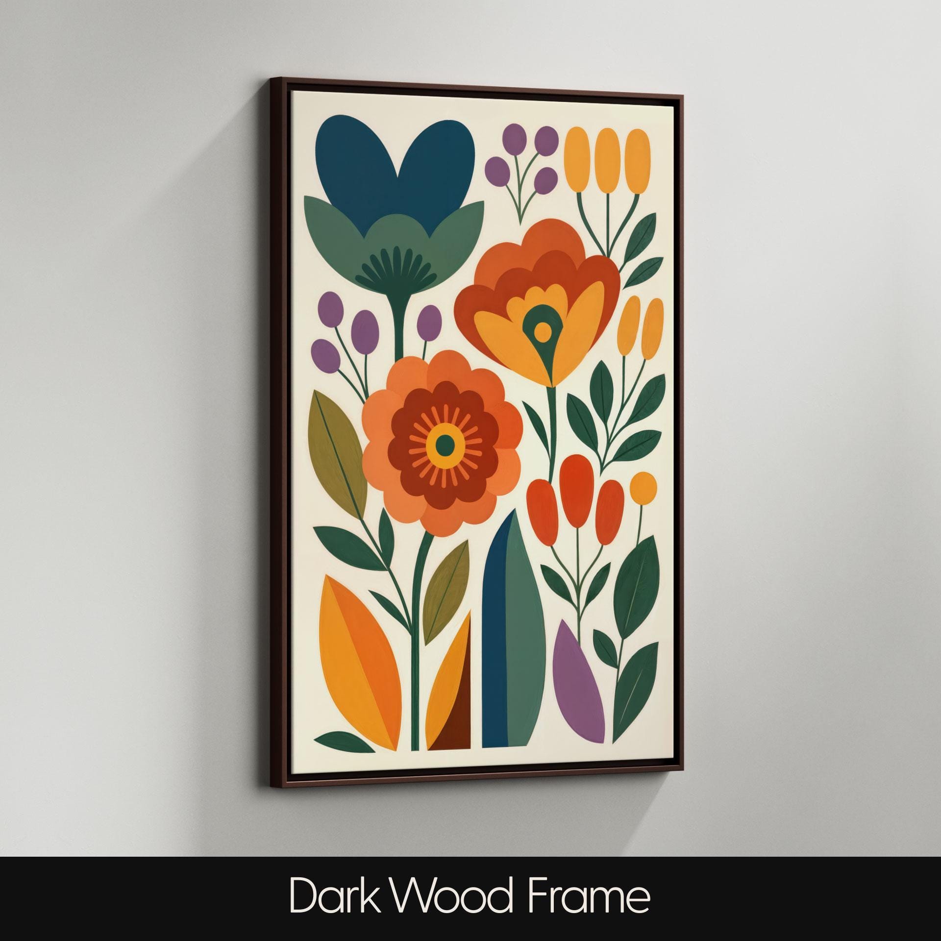 Mid-century Scandi Folk Art Framed Canvas: Rust & Teal - Etsy
