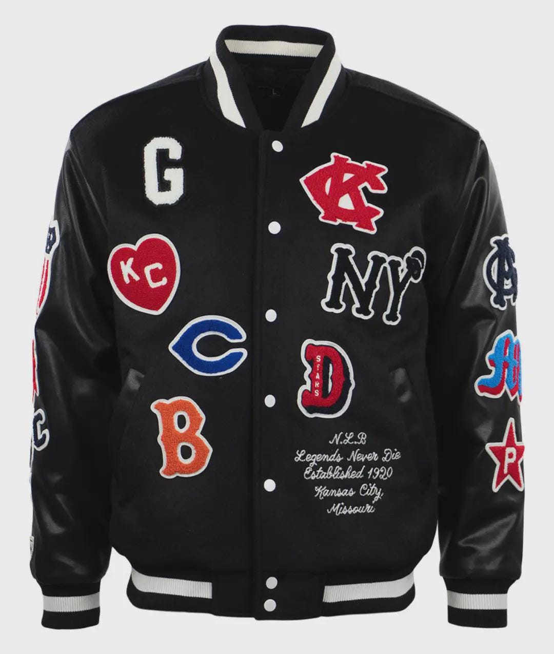 Men's Negro League Baseball Black Wool Varsity Jacket With Leather ...
