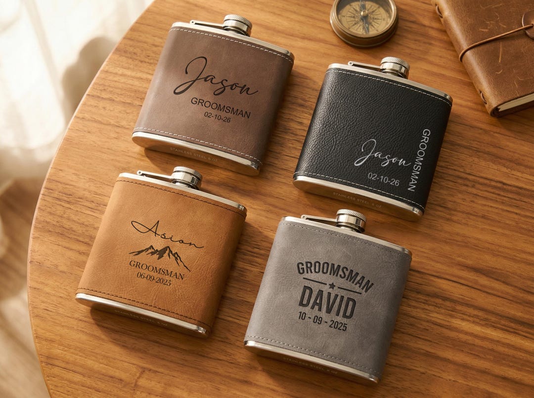 Personalized Leather Flask for Men, Engraved 6oz Flask, Stainless Steel ...