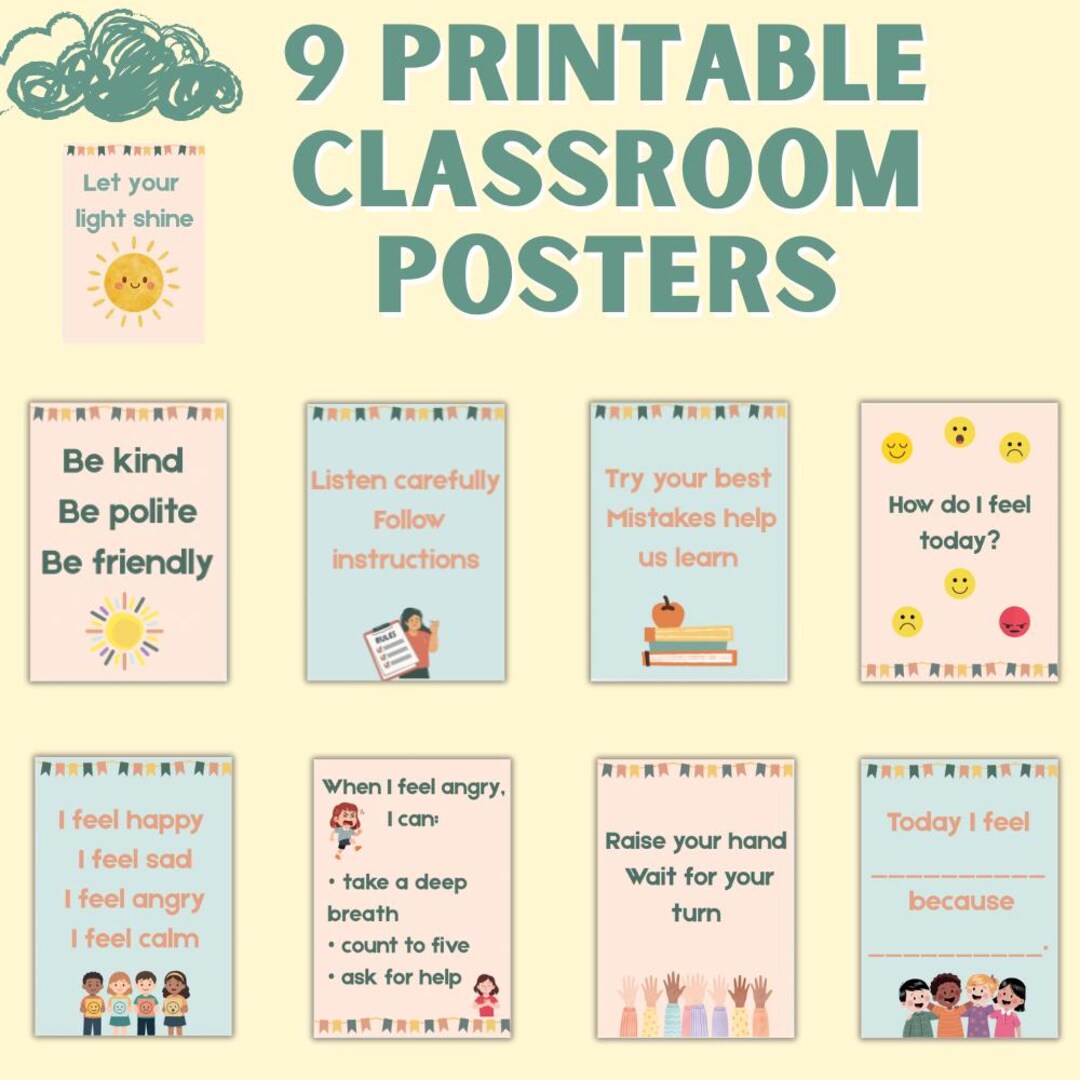 9 Printable Classroom Posters for Kids | ESL Rules & Feelings Posters ...