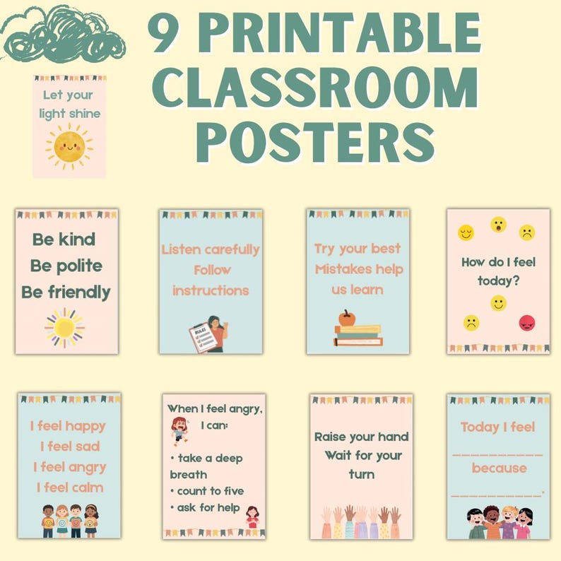 9 Printable Classroom Posters for Kids | ESL Rules & Feelings Posters ...